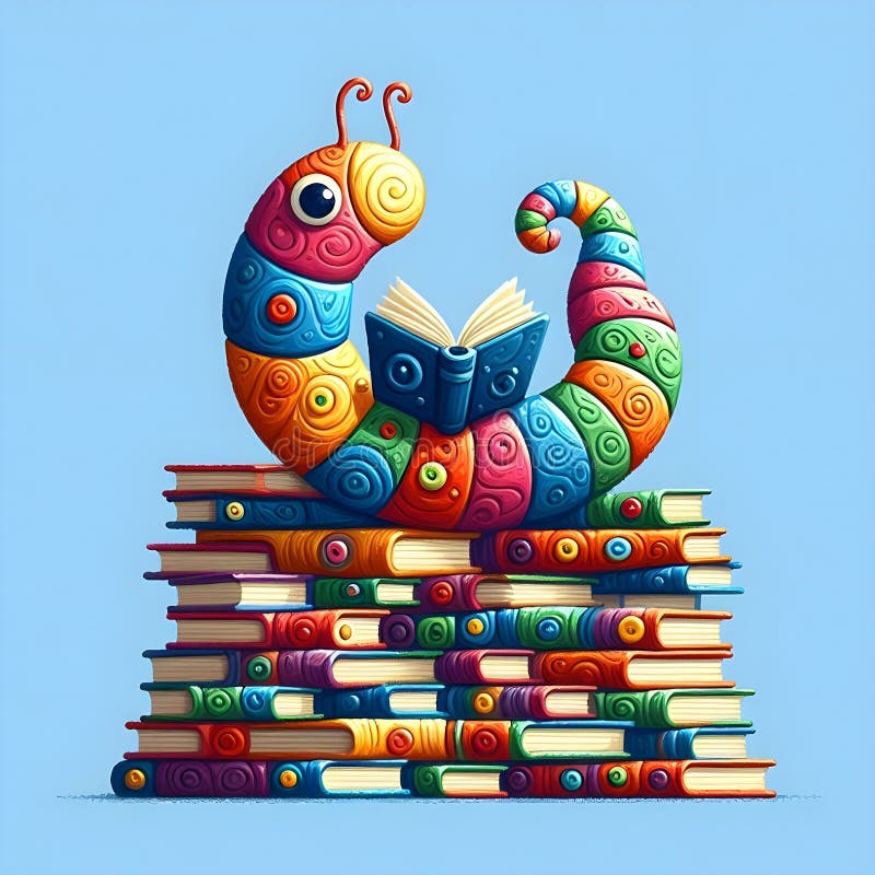Image of a Stack of Random Colorful Books with Patchwork Bookworm on it ...