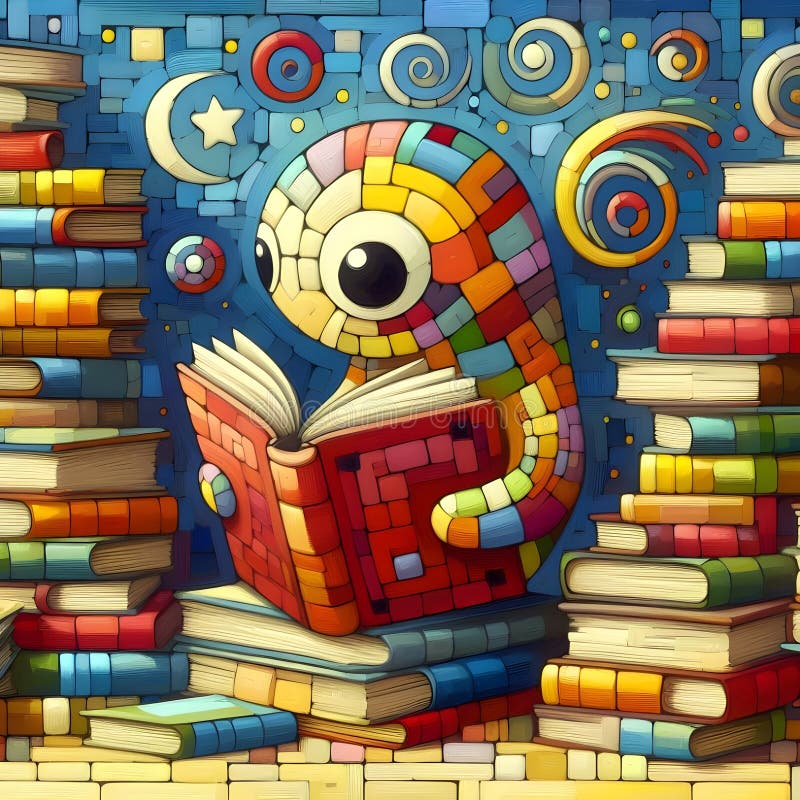Image of a Stack of Random Colorful Books with Patchwork Bookworm on it ...