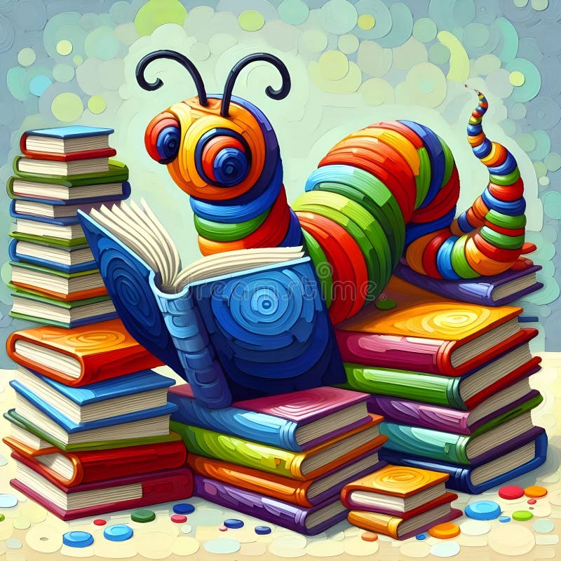 Image of a Stack of Random Colorful Books with Patchwork Bookworm on it ...