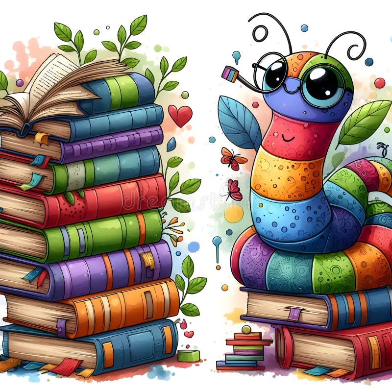 Image of a Stack of Random Colorful Books with Patchwork Bookworm on it ...
