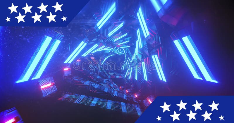 Image of Stars Over Navy Space with Blue Neon Lights Rotating Stock ...