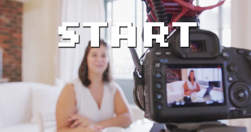 Image of Start Text Over Caucasian Woman Making Vlog Using Camera Stock ...
