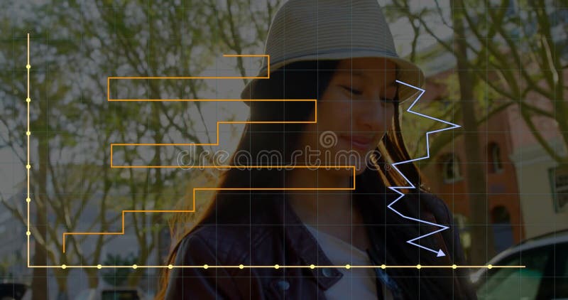 Image of Statistic Charts on Grid Over Smiling Asian Woman Walking on ...