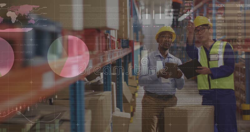 Image of Statistic Charts Over Diverse Male Workers in Warehouse Stock ...