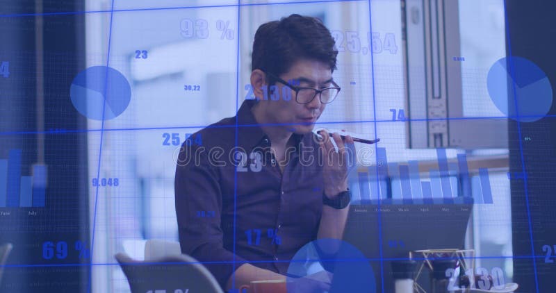 Image of Statistical Data Processing Against Asian Man Talking on ...