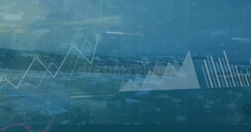 Image of Statistical Data Processing Over Aerial View of Landscape with Sea and Mountains Stock ...