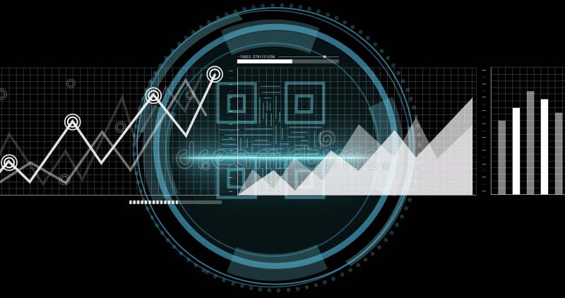 Image Of Statistical Data Processing Over Cyber Security Text And Qr Code On Round Scanner Stock