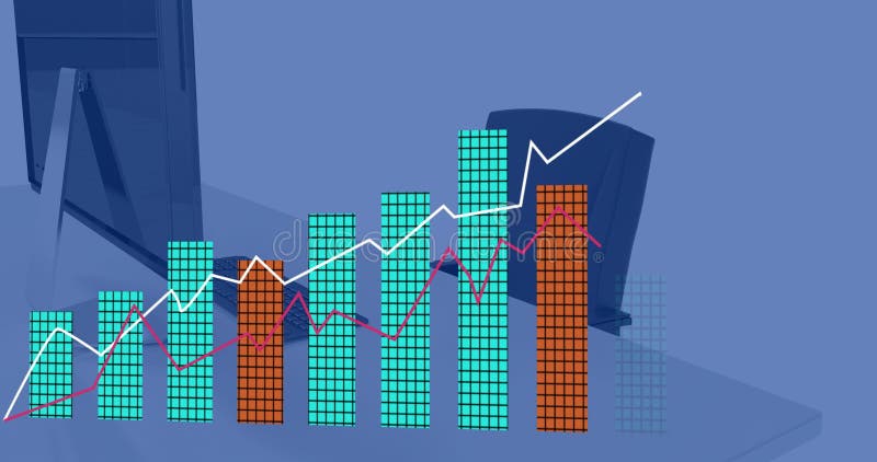 Image of Statistics and Digital Data Processing Over Desk on Blue ...