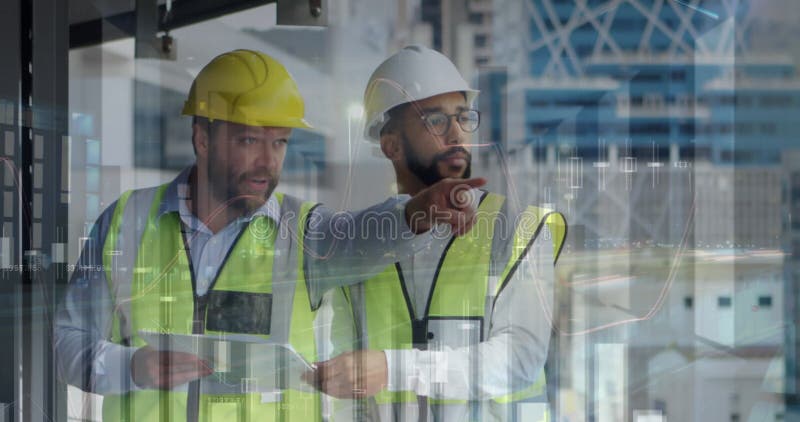 Image of Statistics Processing Over Male Architects Holding Plans at ...