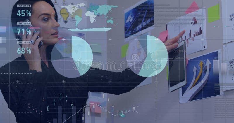 Image of Statistics Recording and Data Processing Over Woman Talking on ...