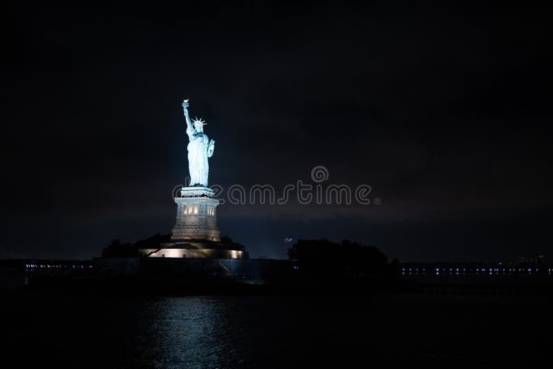 Statue of Liberty Night Time Landscape Scenery Island Trees Lake Stock ...