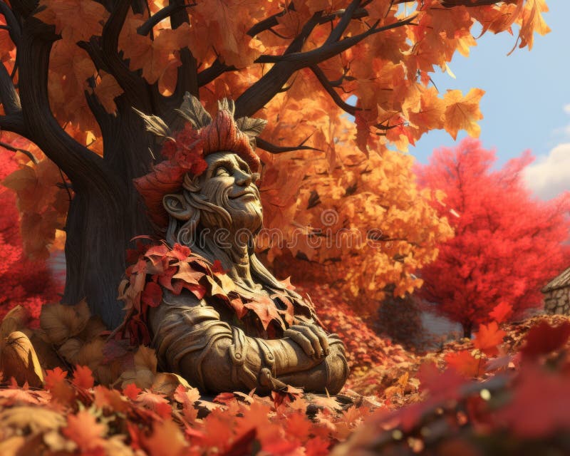 An Image of a Statue in the Middle of Fall Leaves Stock Illustration ...