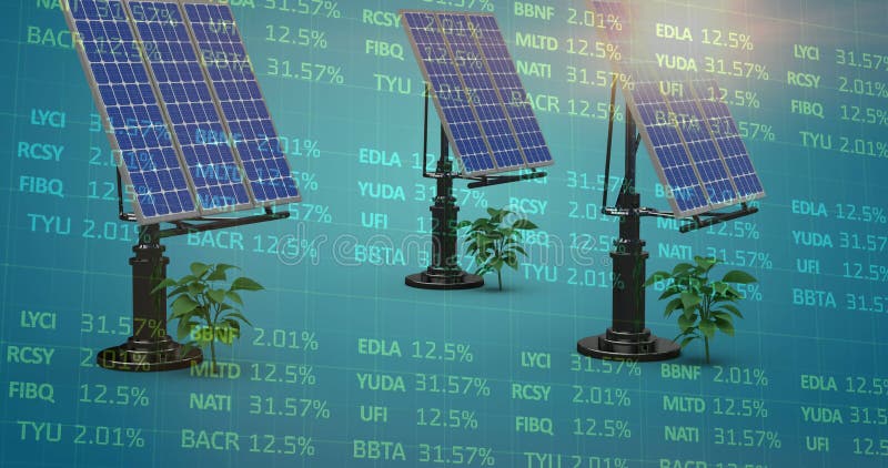 Image of Stock Market Data Processing Over Three Solar Panels and Plant ...