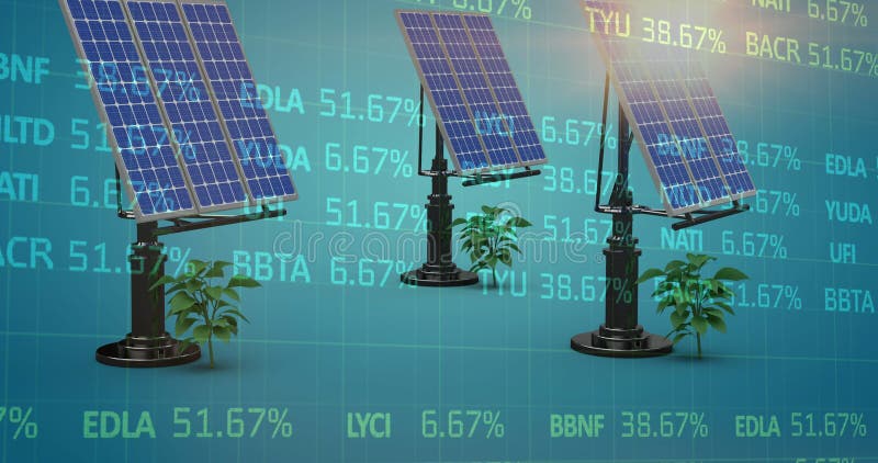 Image of Stock Market Data Processing Over Three Solar Panels and Plant ...