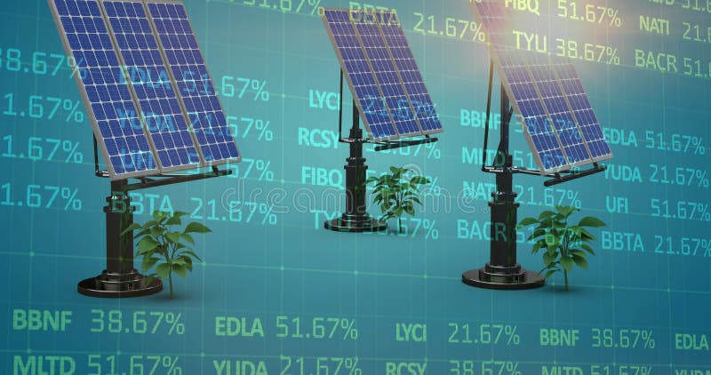 Image of Stock Market Data Processing Over Three Solar Panels and Plant ...