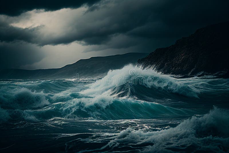 An Image of a Stormy Sea with Dark Clouds Overhead, the Turbulent and ...