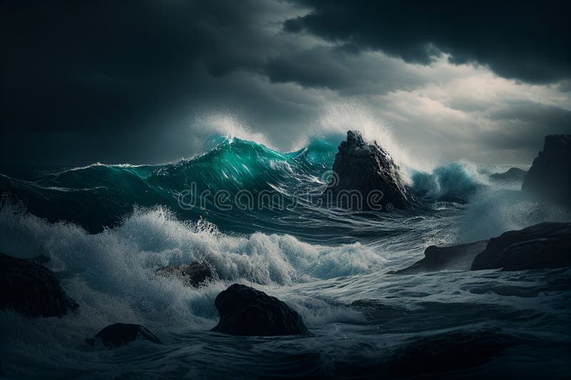 An Image of a Stormy Sea with Dark Clouds Overhead, the Turbulent and ...