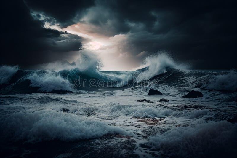 An Image of a Stormy Sea with Dark Clouds Overhead, the Turbulent and ...