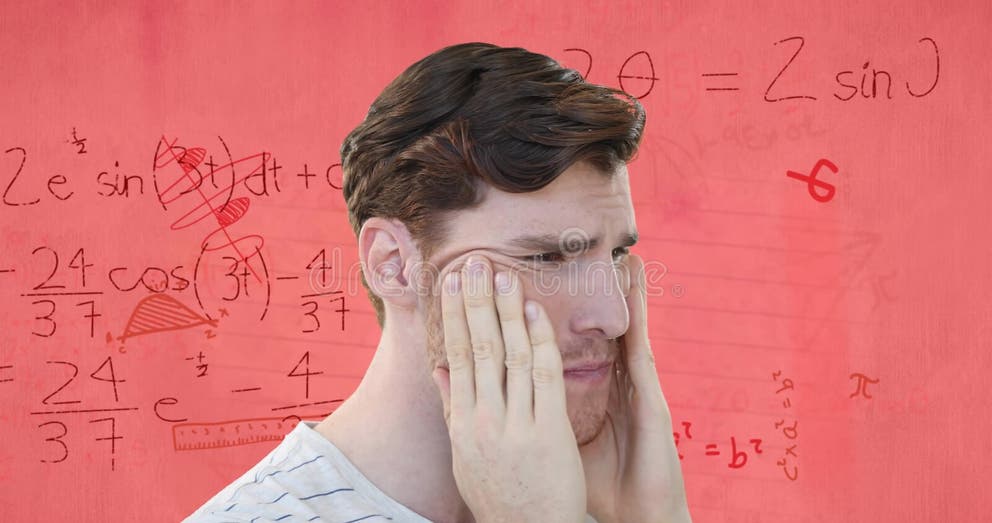 Image of Stressed Caucasian Male Student Over Maths Equations and ...