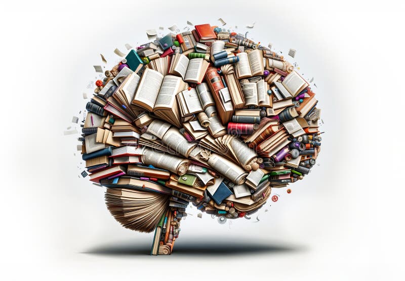 Brain Shaped Book Stack Illustration, Knowledge and Creativity in ...