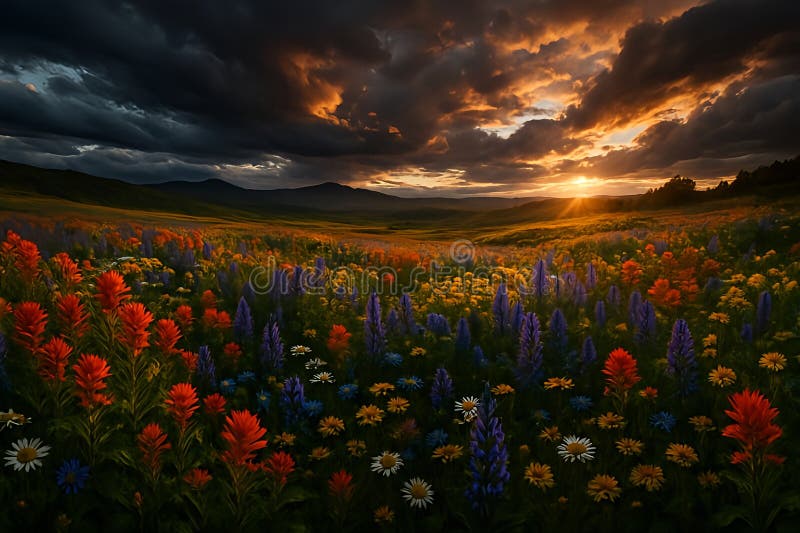 An Image of a Stunning Landscape of Wildflower Fields at Sunset. Stock ...