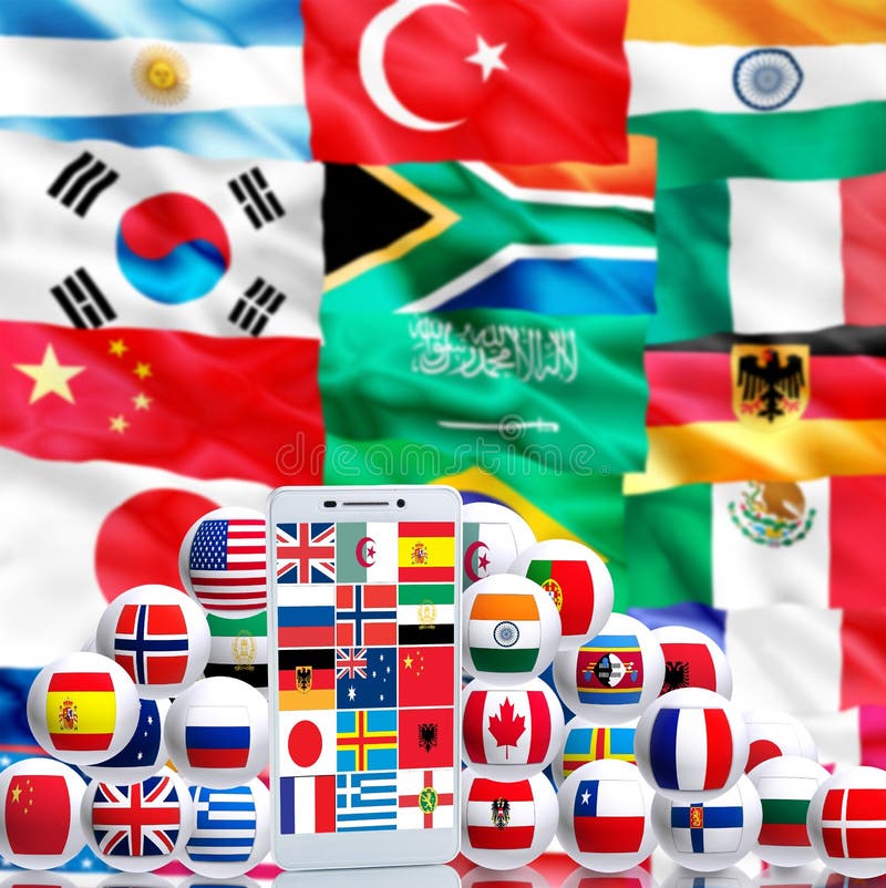 Image of Stylized Flags of Different Countries and Mobile Phone Close ...