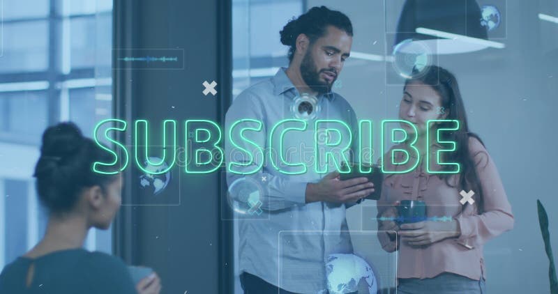 Image of Subscribe Text and Markers Over Diverse Business People Using ...