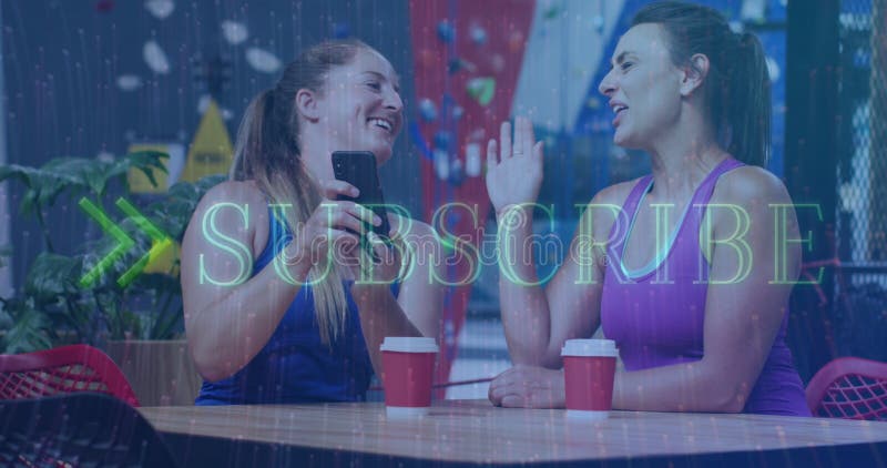 Image of Subscribe Text Over Two Caucasian Women Using Smartphone on ...
