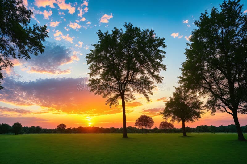 Summer Sky in the Evening. Beautiful Sunset with Trees in the Park Stock Illustration ...