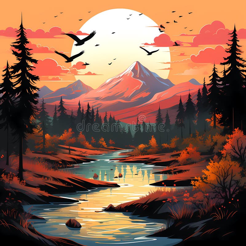Image of Sunset with Birds Flying Over River. Generative AI Stock ...