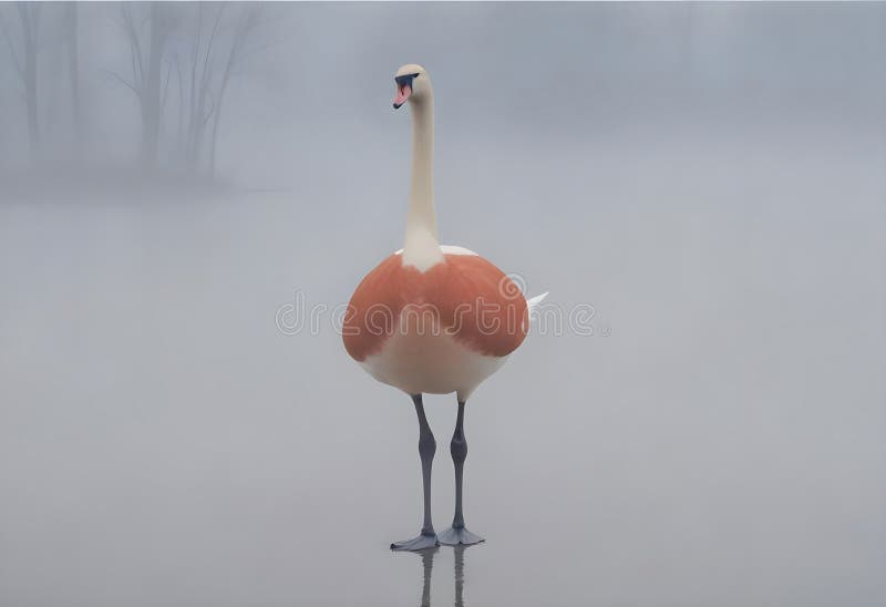A Surreal Swan with a Chicken S Body Standing on Reflective Water. a ...