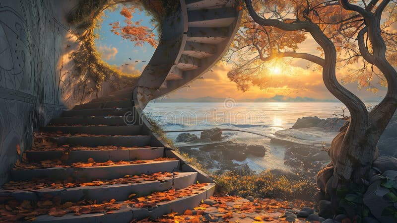 An Image of a Surreal Path with Stairs and Trees Going through the ...