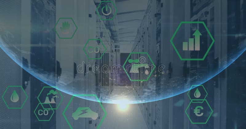 Image of Sustainable Resource Icons in Hexagons and Globe Over Server ...