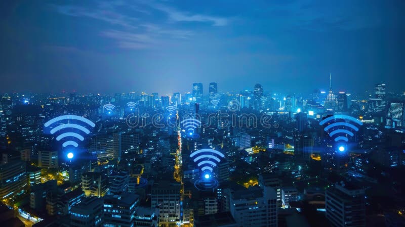Smart City Connection. Modern City with Wireless Network Connection and ...