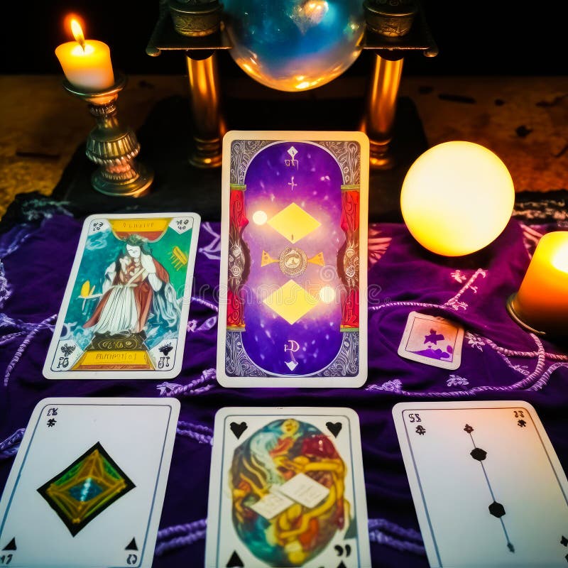 An Image of Tarot Cards and Candles on Purple Cloth. Generative AI ...