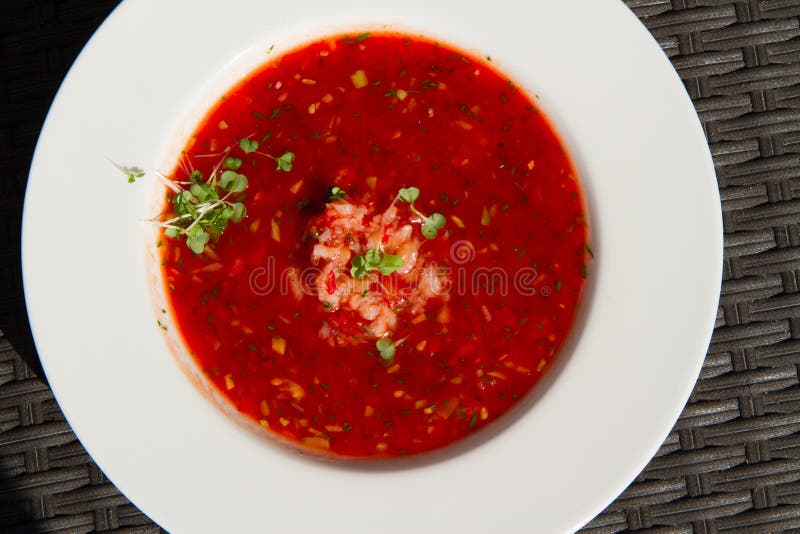Image of Tasty Red Soup with Rice Stock Photo - Image of board ...