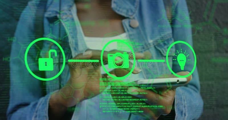 Image of Tech Icons and Data Over Hands of Biracial Woman Using ...