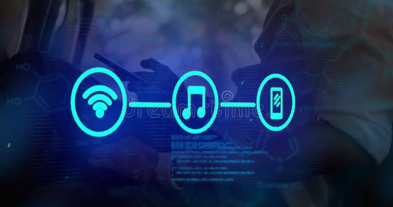 Image of Tech Icons and Data Over Hands of Caucasian Man Using ...