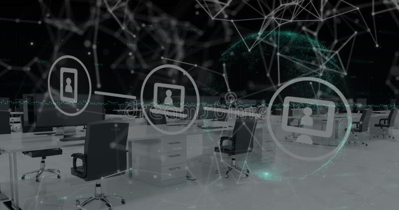 Image of Tech Icons, Network of Connections and Office Desks on Black ...