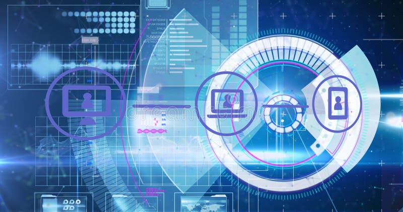 Image of Technology Icons Over Data Processing on Blue Background Stock ...