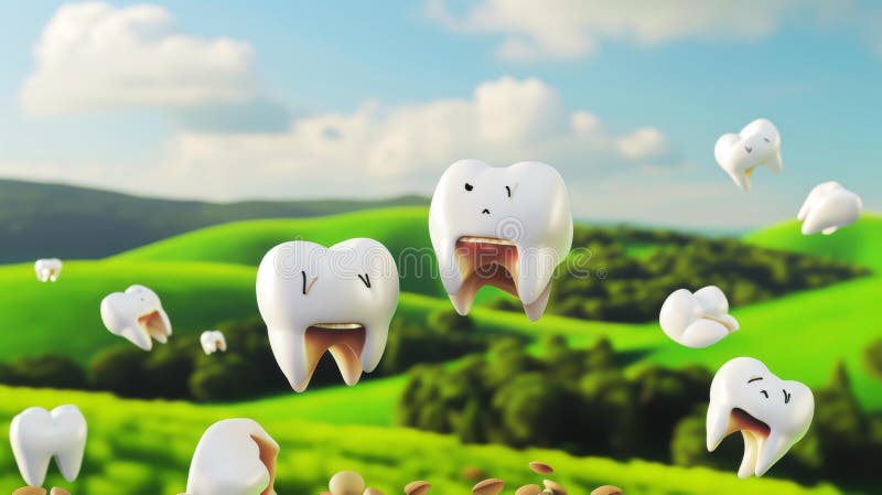 Happy Teeth Characters on Green Hills Stock Image - Image of vibrant ...