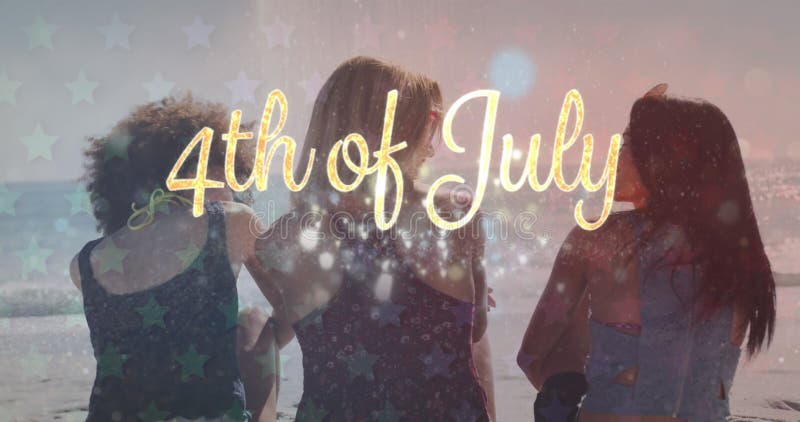 Image of 4th of July Text and Light Spots Over Diverse Friends at Beach ...