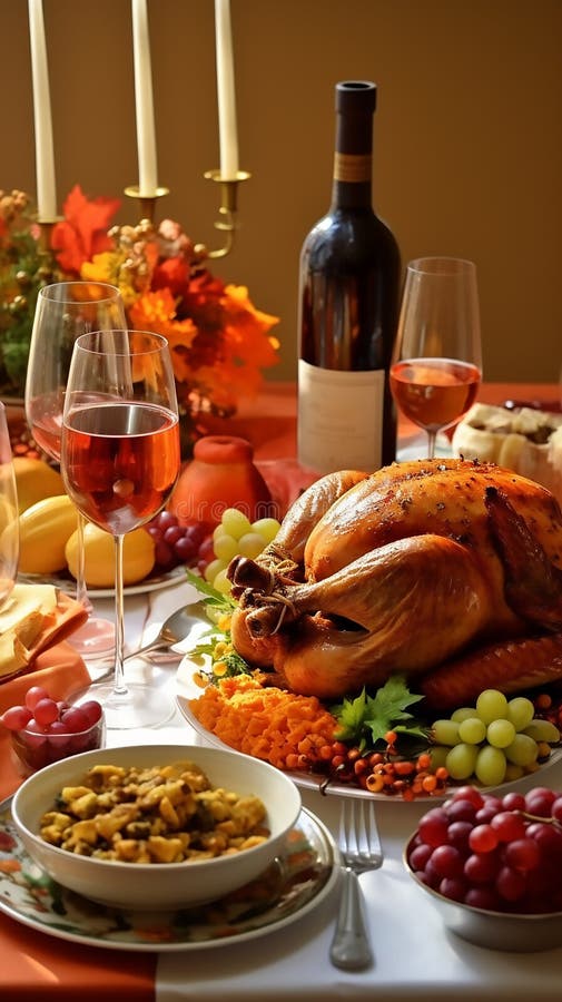 Thanksgiving Dinner Table with Thanksgiving Day Food and Wine, in the ...
