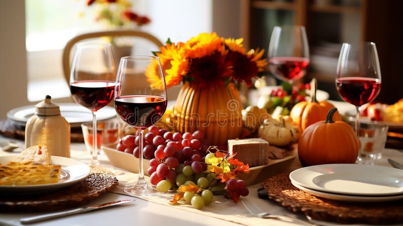 Thanksgiving Dinner Table with Thanksgiving Day Food and Wine, in the ...