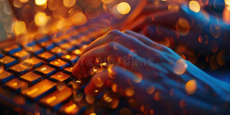 Hands are Actively Typing on a Laptop Keyboard with a Beautiful Bokeh Lights in the Background ...