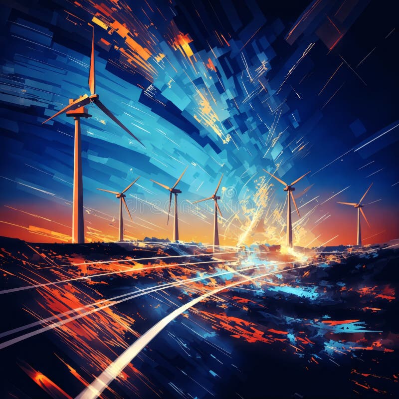 Seven Windmills on a Hill with Colorful Sky and White Cubes ...