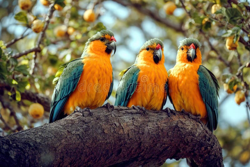Image of Three Parrots on a Trunk Stock Illustration - Illustration of ...