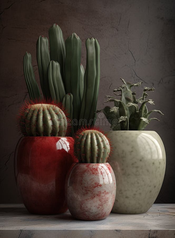 An Image of Three Cacti in a Red White and Brown Vase , Concept of ...
