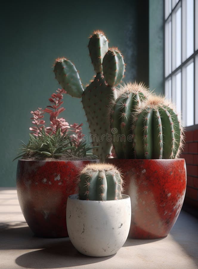 An Image of Three Cacti in a Red White and Brown Vase , Concept of ...