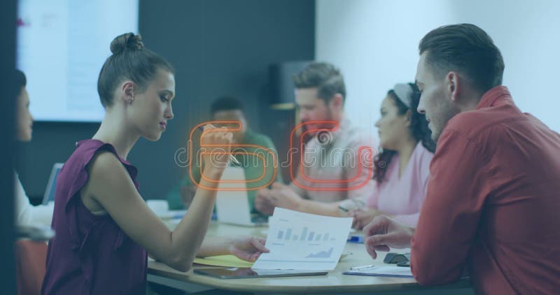 Image of Three Connected Over Media Icons Over Staff Using Computers ...